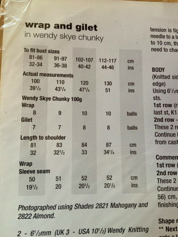 Wendy Knitting Pattern 5573 Skye Chunky - Wrap and Gilet 32in to 46in ...